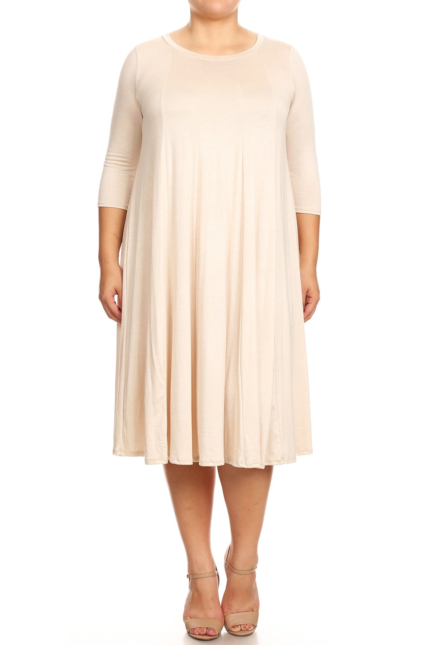 Women's Plus Size Casual 3/4 Sleeves Basic A-Line Pleated Solid Midi ...