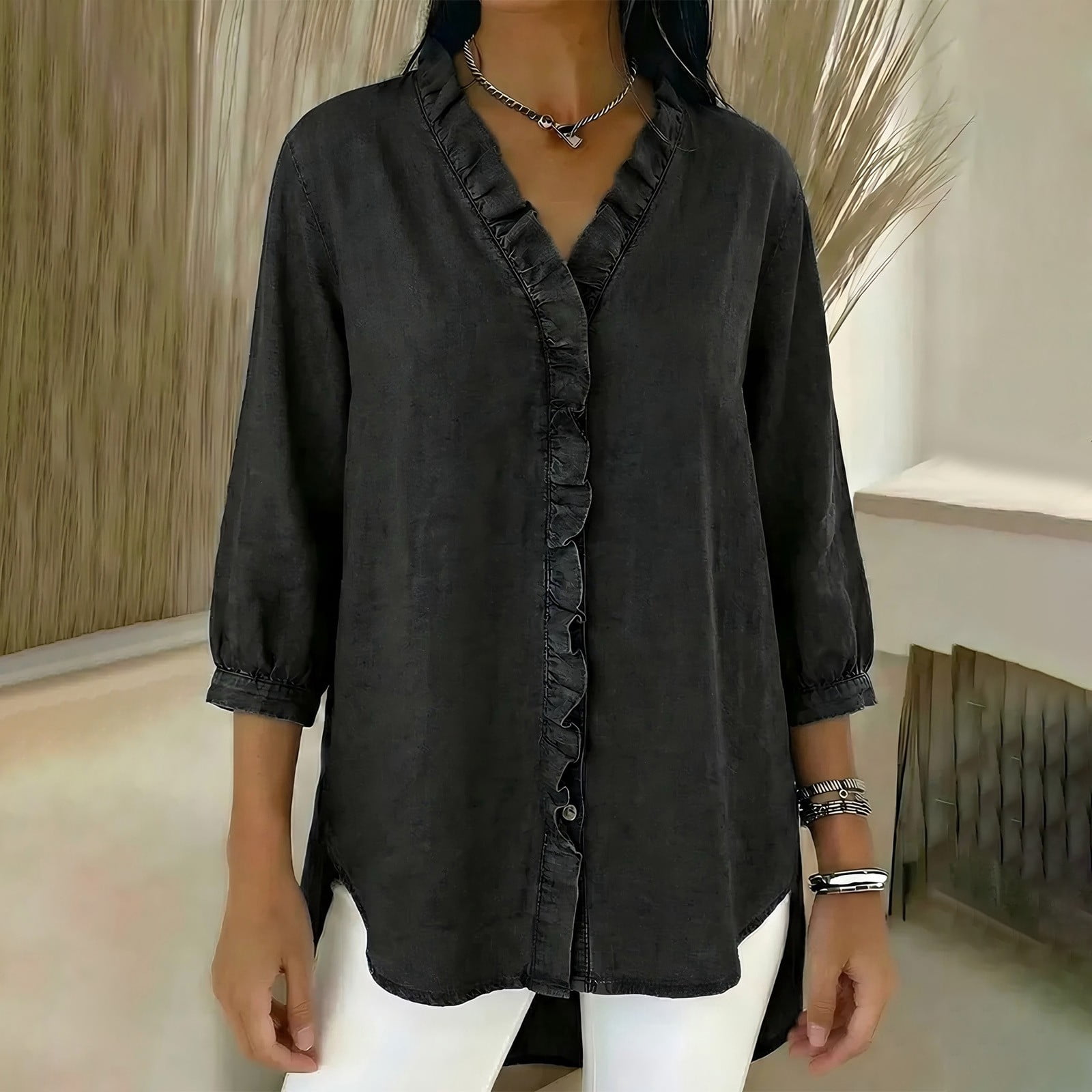 Women's Plus Size Casual Shirt, Denim Style V Neck Ruffled Edge Blouse ...