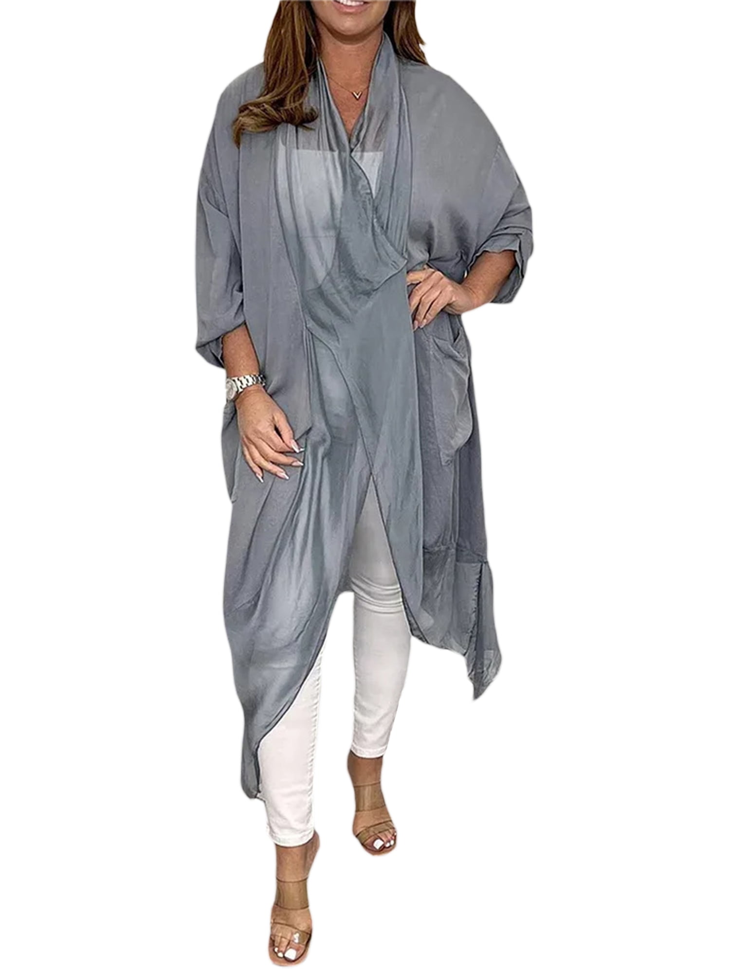 Women's Plus Size Chiffon Blouse Tops, Mesh Sheer Long Kimono Cardigan ...