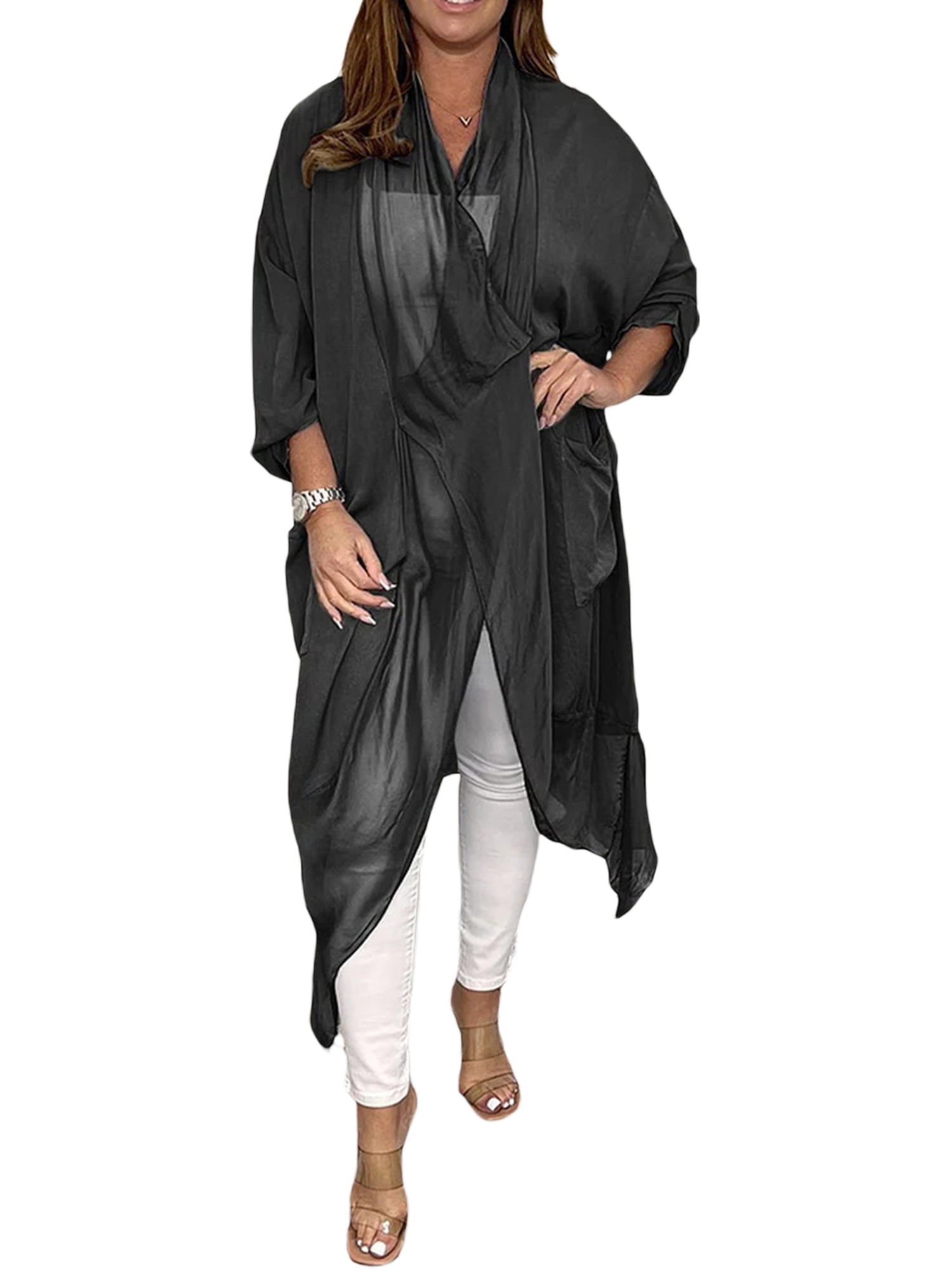 Women's Plus Size Chiffon Blouse Tops, Mesh Sheer Long Kimono Cardigan ...