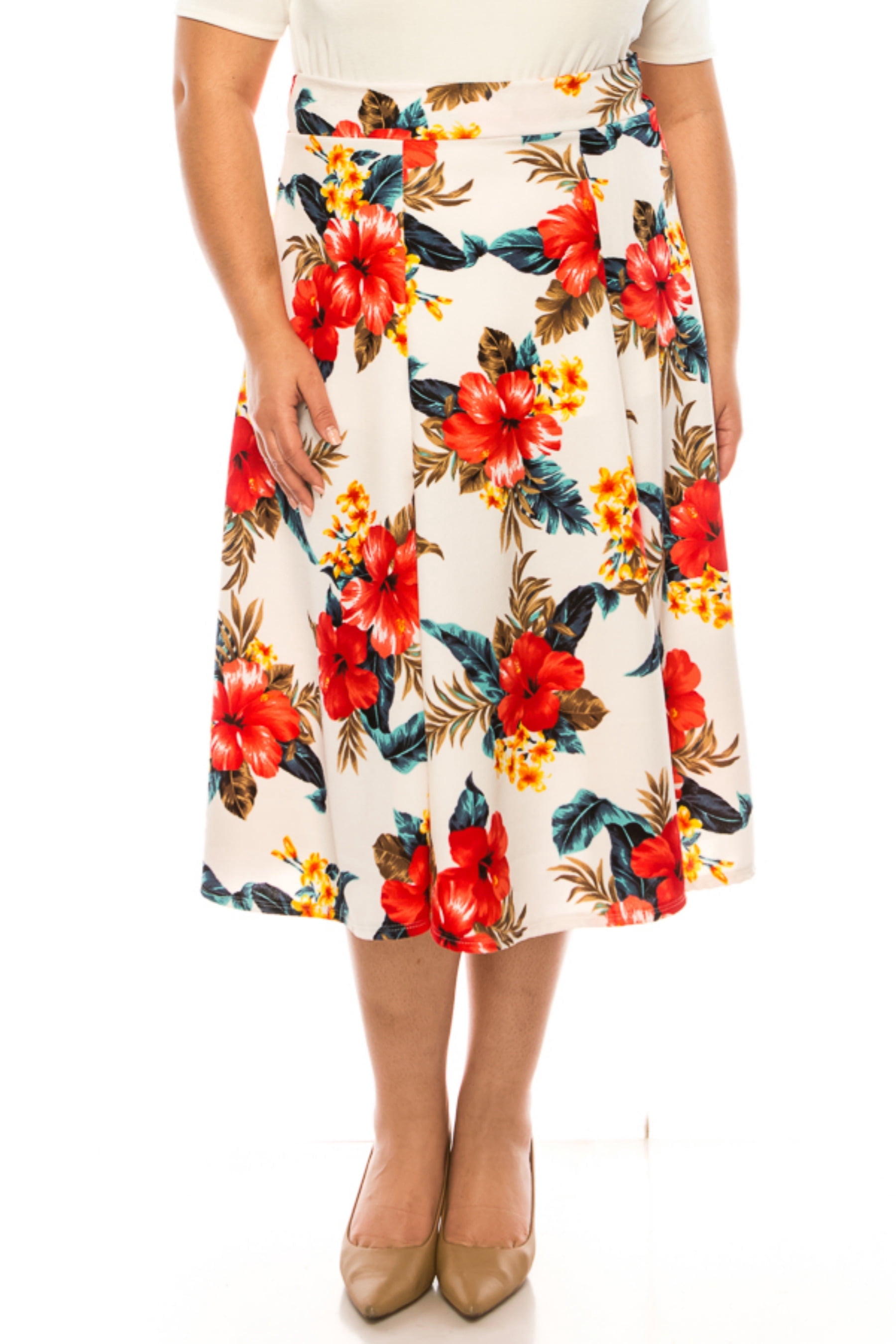 Women's Plus Size Classic Floral Print Flared Lightweight Midi A-line ...