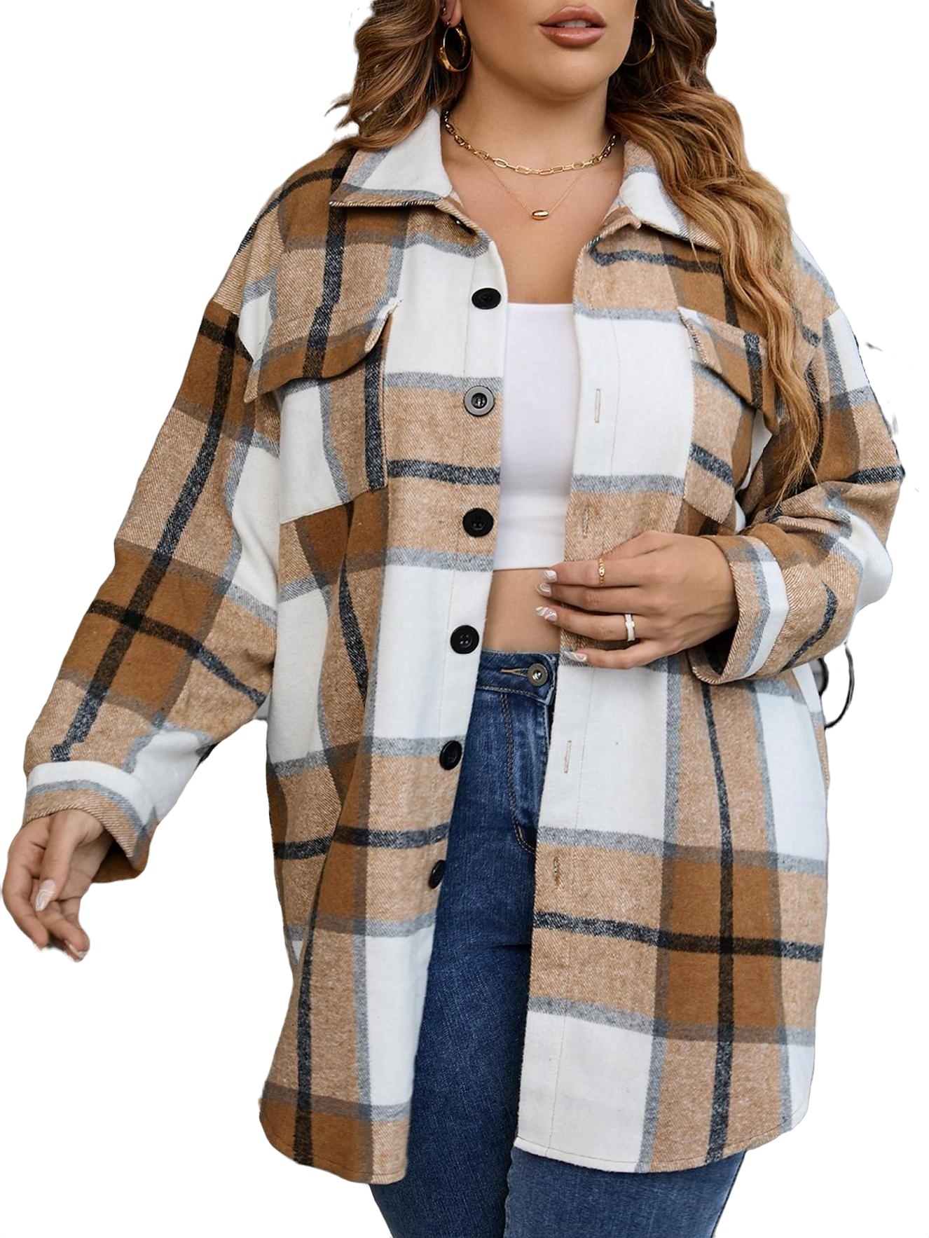 Women's Plus Size Coats Casual Plaid Collar Shacket Khaki 4XL - Walmart.com