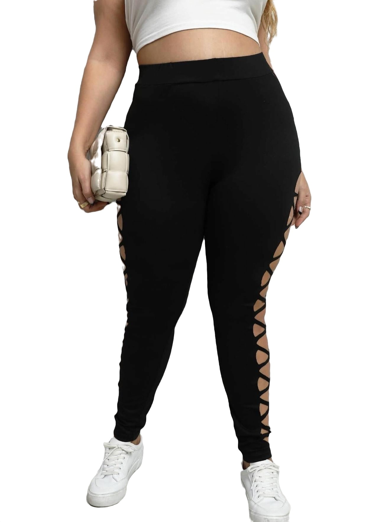 Womens Plus Size Criss Cross Cutout Side Leggings Sports Gym Workout