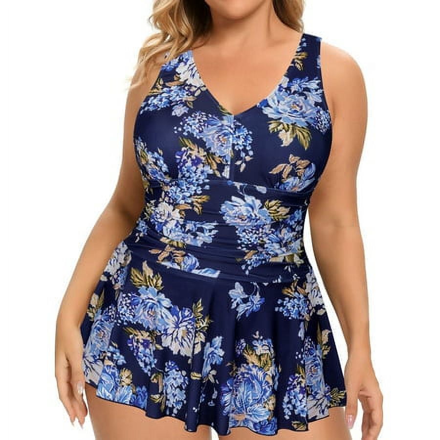 Women's Plus Size Cute Swimdress Bathing Suits V Neck Ruched One Piece ...