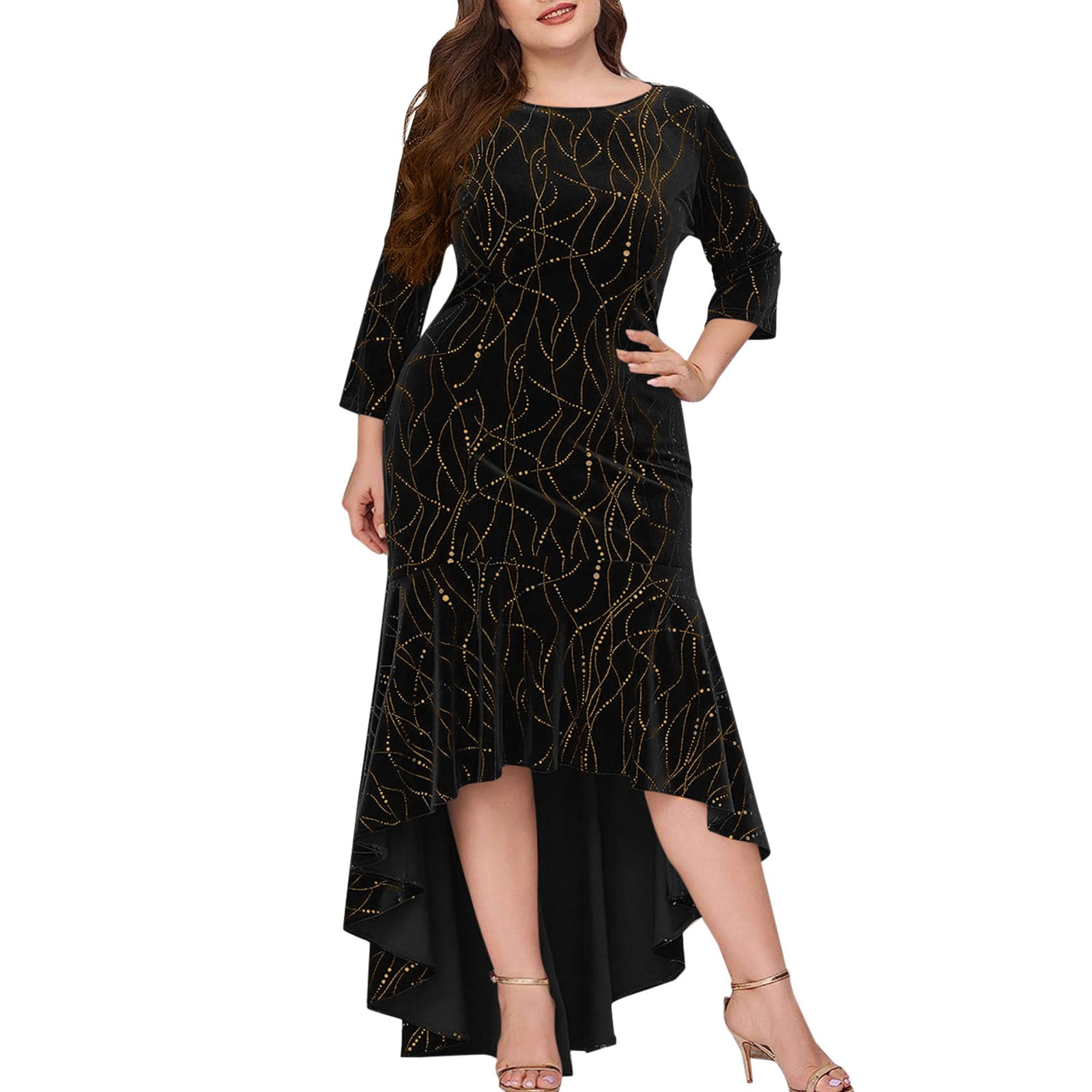 Women's Plus Size Dress Seven Sleeve High Low Hem Extra Velvet Sequin ...