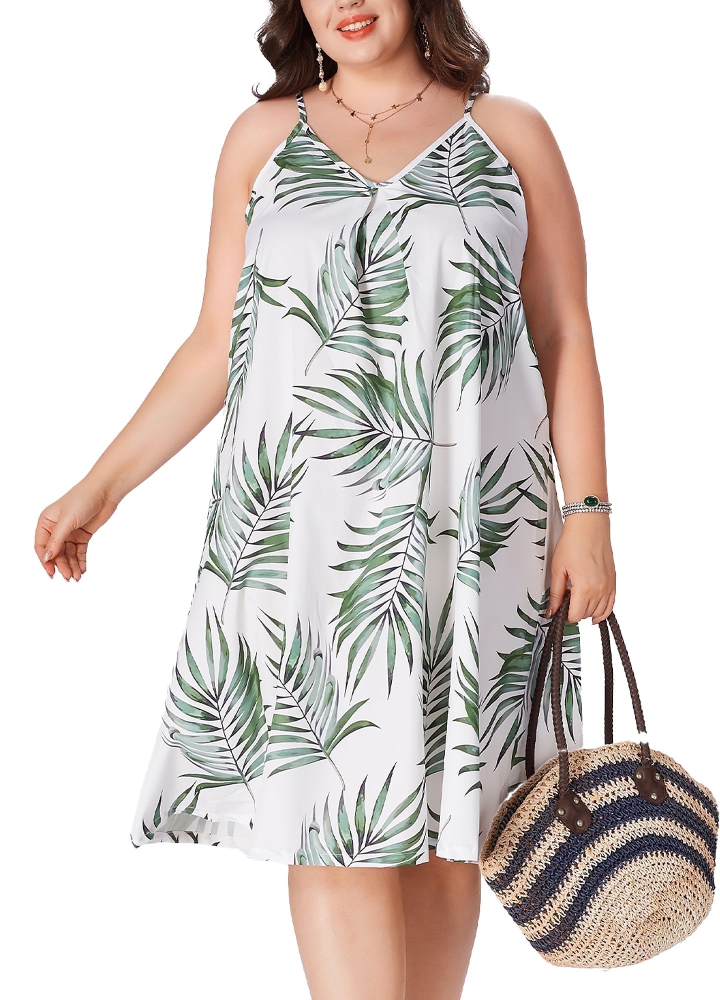 MLDRA Women's Plus Size Dresses V Neck Casual Loose Tropical Print ...