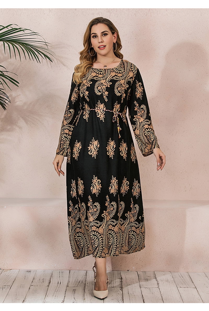 Women's Plus Size Elegant Loose Print Ethnic Round Neck Long Dress ...