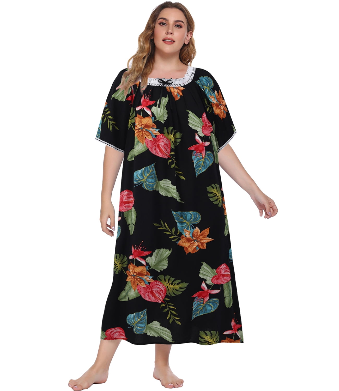 Women's Plus Size Floral Nightgown Short Sleeve Night Gowns Ladies ...