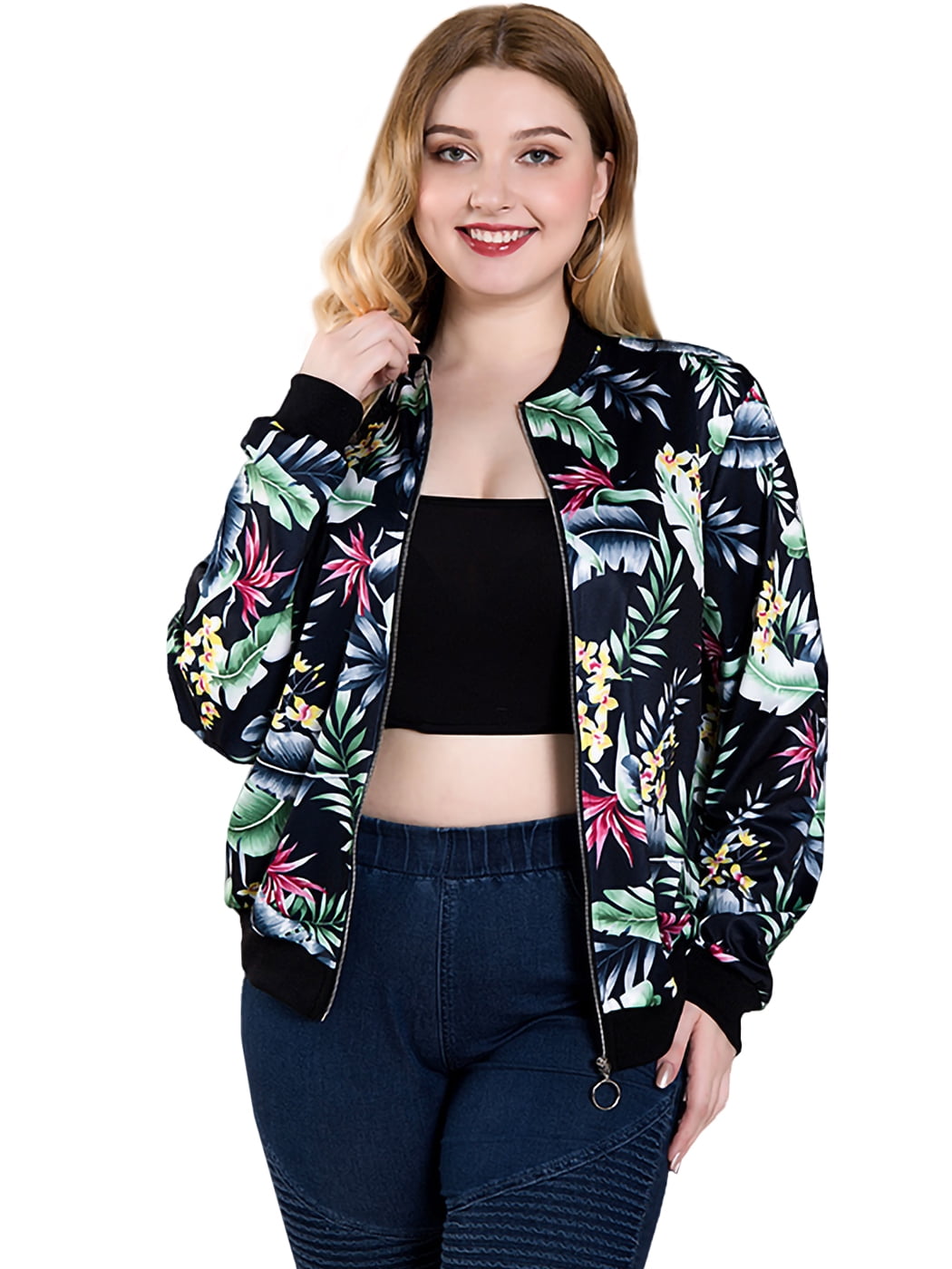Women's Plus Size Floral Print Lightweight Zip Up Bomber Jacket Coat ...