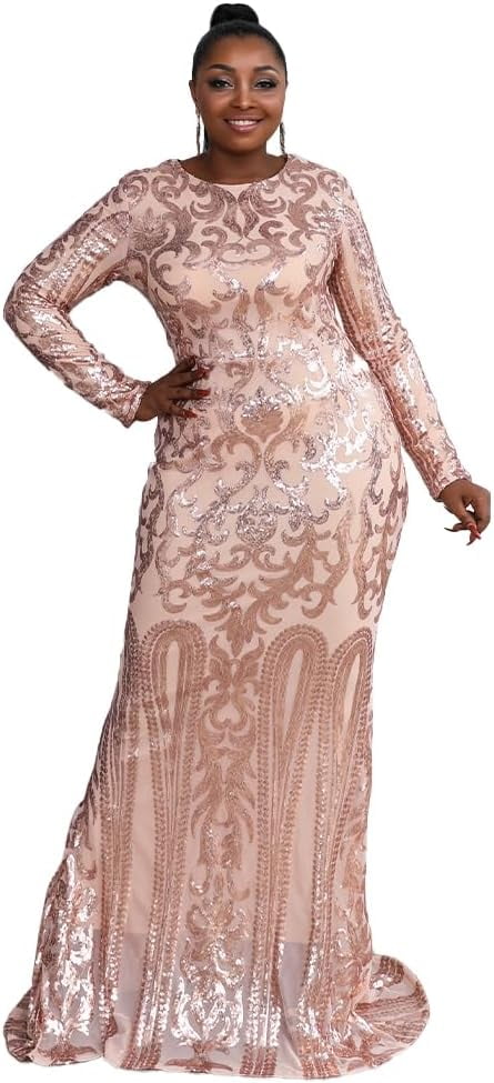 Women's Plus Size Formal Sequin Prom Dress,Long Sleeve Draped Mermaid ...