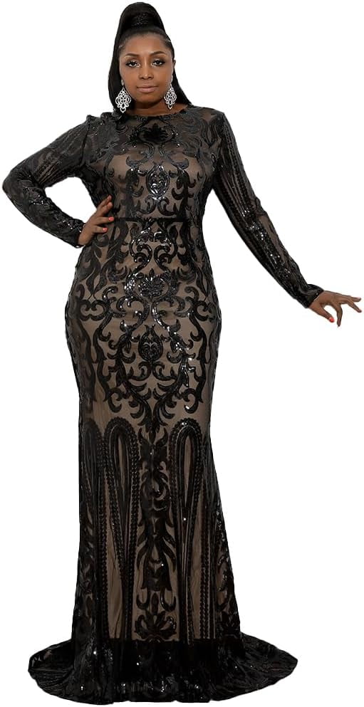 Women's Plus Size Formal Sequin Prom Dress,Long Sleeve Draped Mermaid ...