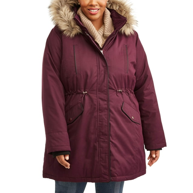 Womens Plus Size Heavyweight Parka Jacket With Faux Fur Trim Hood