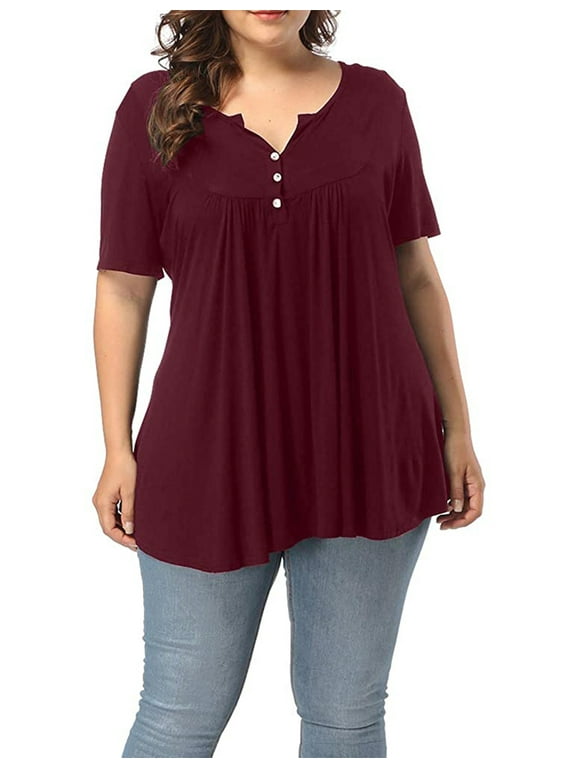 BVOFAR Women's Plus Size Tops Casual V Neck Short Sleeve Shirts Split Hem Summer Blouses Solid ...