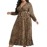 Women's Plus Size Leopard Print Surplice Maxi Dress Belted Stretch Fit ...