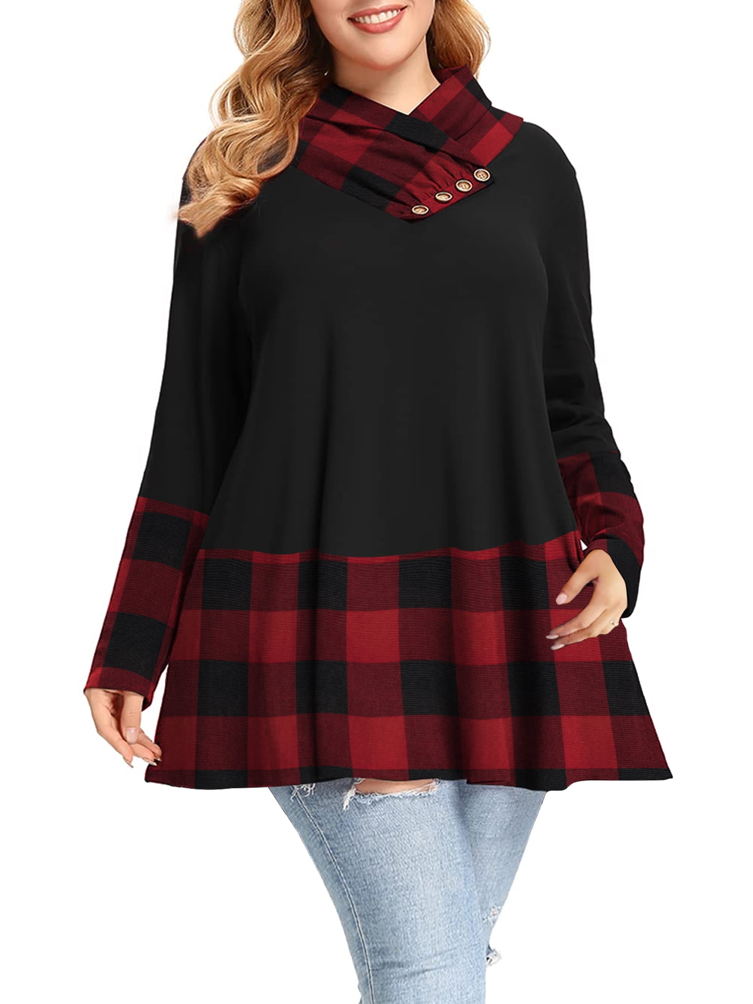 Womens Plus Size Long Sleeve Cowl Neck Form Fitting Casual Tunic Top