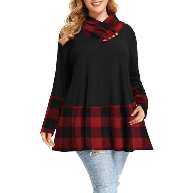 Women's Plus Size Long Sleeve Cowl Neck Form Fitting Casual Tunic Top ...