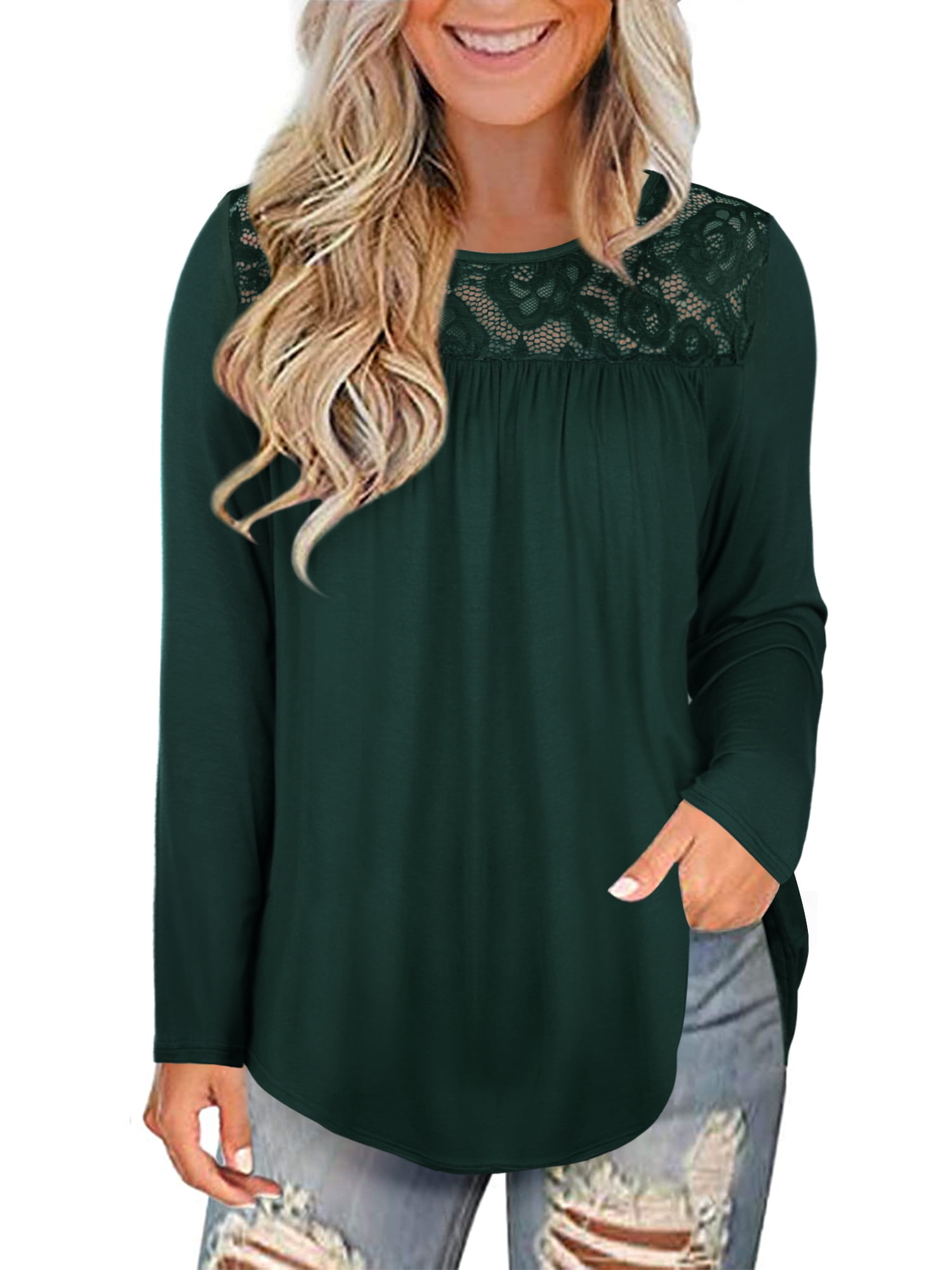 Women's Plus Size Long Sleeve Lace Pleated Tunic Tops Flowy Blouses ...