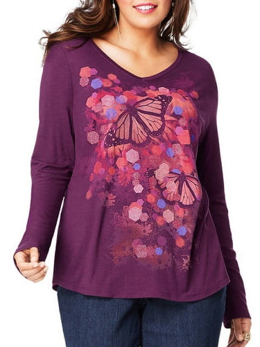 Women's Plus Size Long Sleeve Printed V neck T shirt - Walmart.com