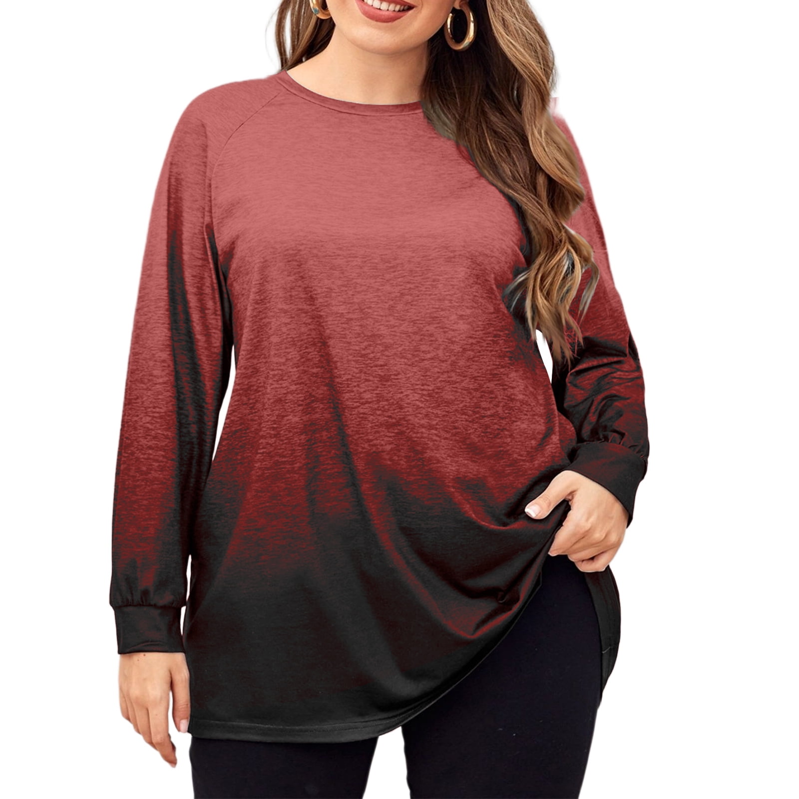 Women's Plus Size Long Sleeve Pullover Top, Round Neck Loose Fit ...