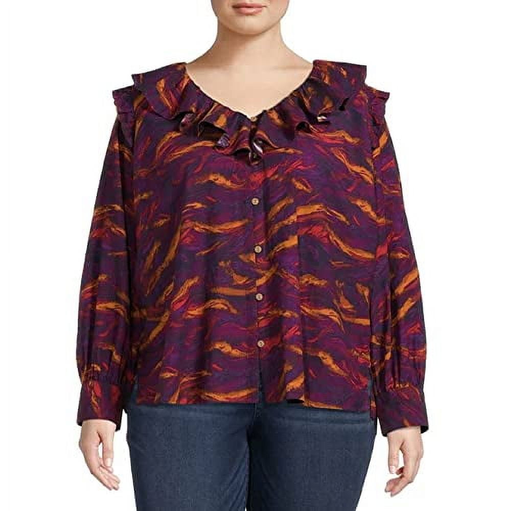 Women's Plus Size Long Sleeve Ruffle Top - Plum Night, 2x - Walmart.com