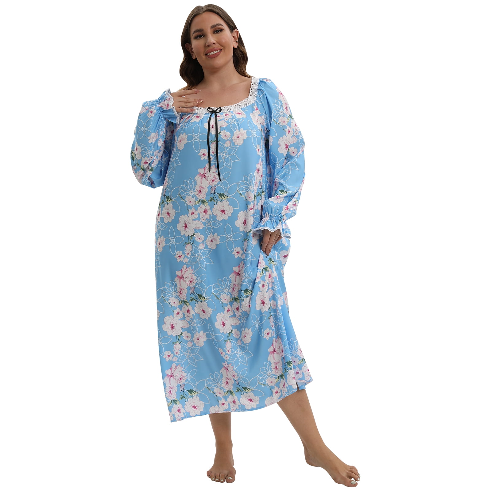 Women's Plus Size Long Sleeve Vintage Nightgown Lace Square Neck Floral ...