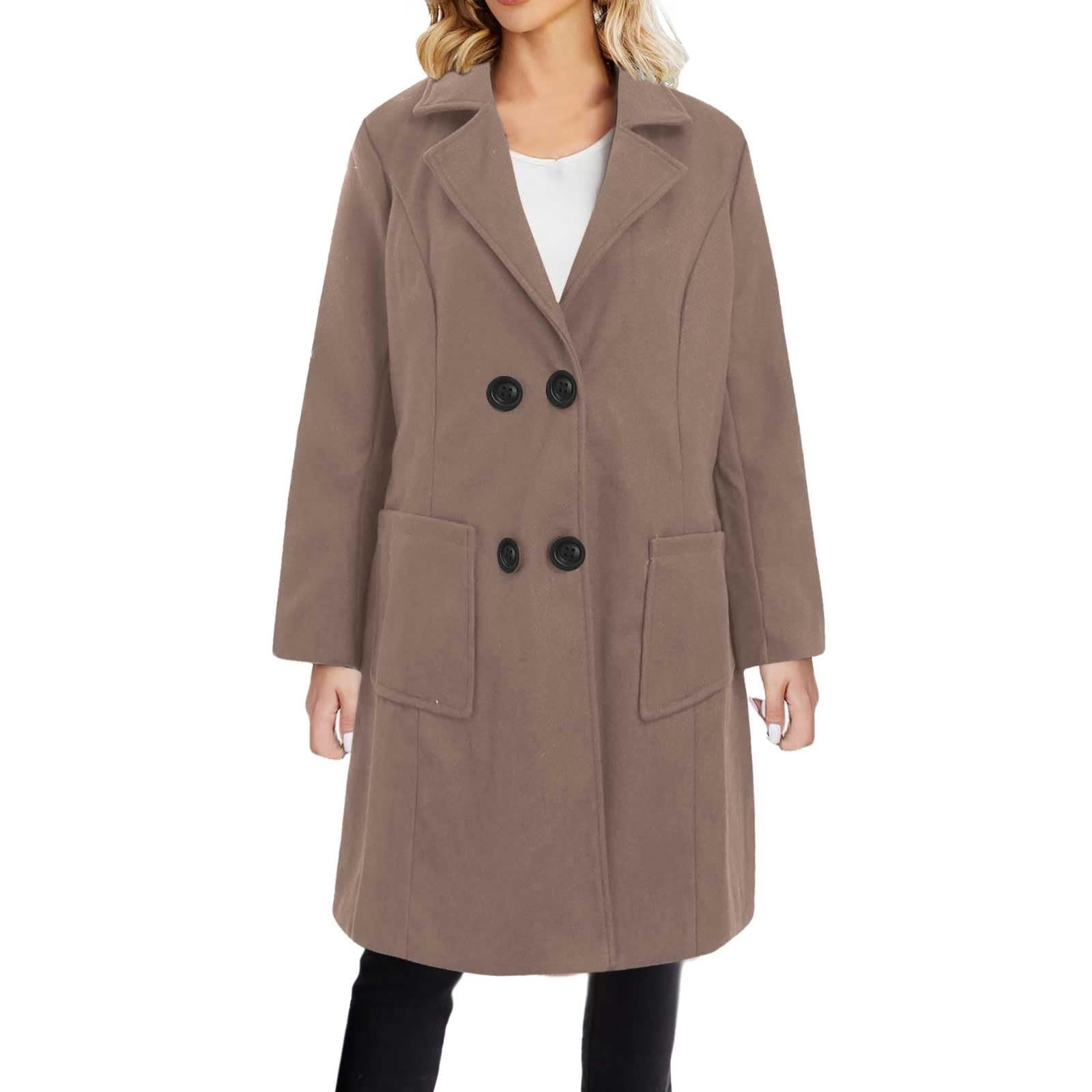 Women's Plus Size Long Winter Coats Notch Lapel Double Breasted Pea ...