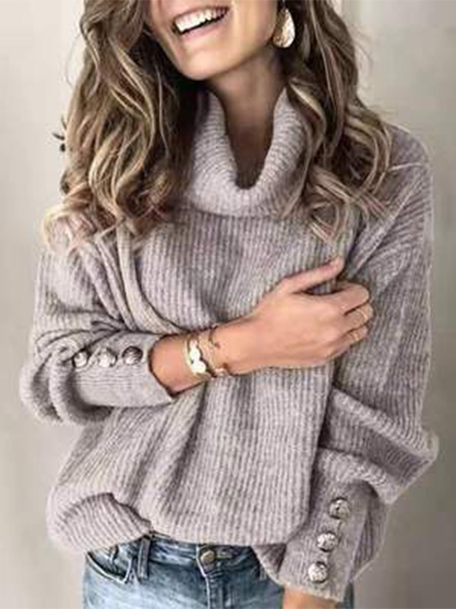 Women's Plus Size Loose Knit Pullover Tops Cowl Neck Long Sleeve Pull ...