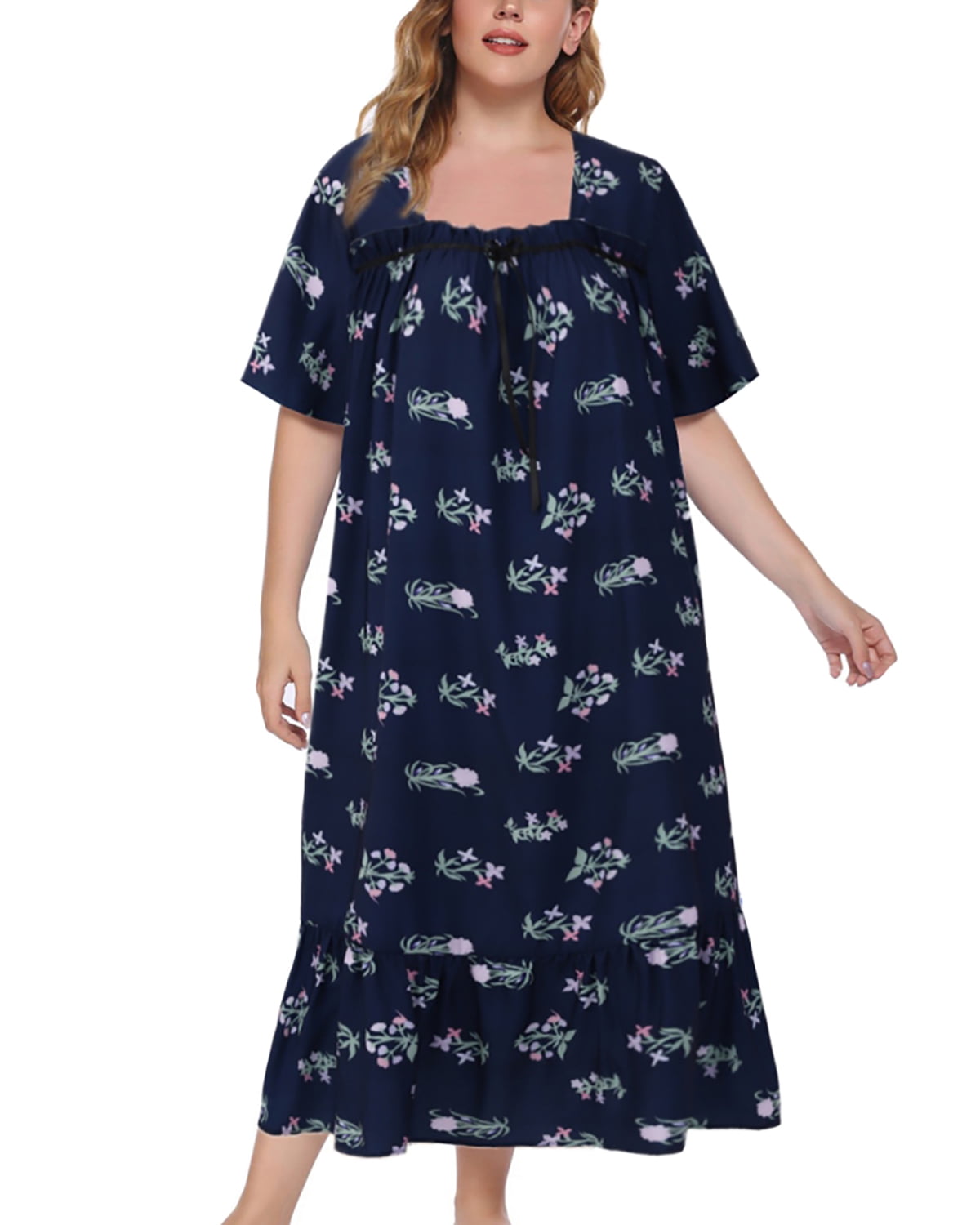 Women's Plus Size Nightgown Long Sleepshirts Short Sleeve Square Neck ...