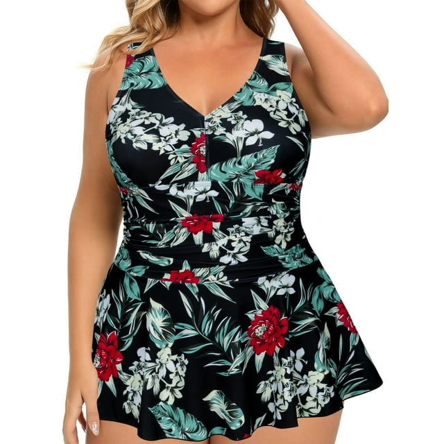 Womens Plus Size One Piece Swimsuit Floral Printed Swimdress Cover Up Skirtini Bathing Suit