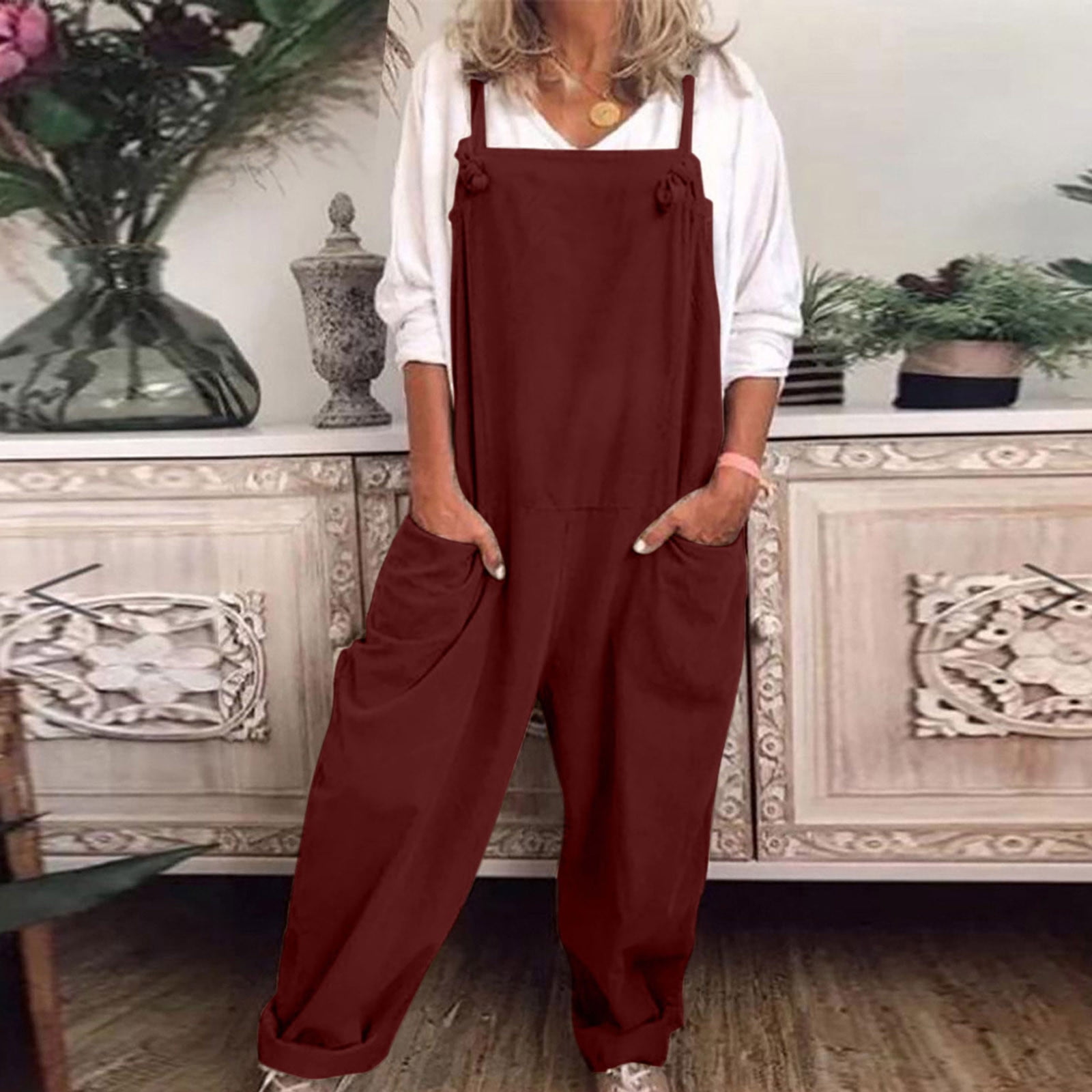 Women's Plus Size Overalls Casual Jumpers Loose Solid Color Dungarees ...