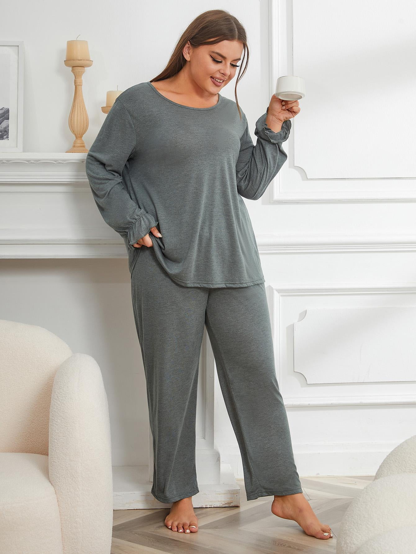 Women's Plus Size Pajama Set Round Neck Long Sleeved Paired with Pants Oversize Sleepwear 2 ...