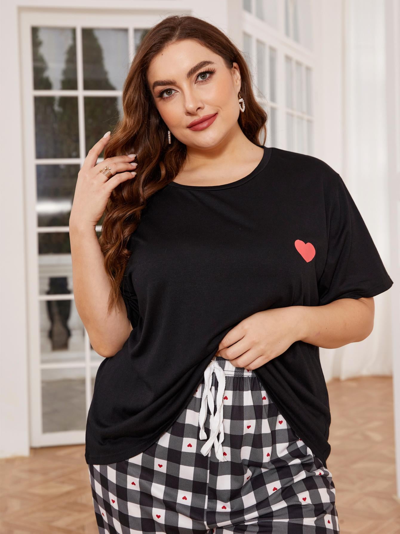 Women's Plus Size Pajama Set Soft Short Sleeve Plaid Jogger Pants ...