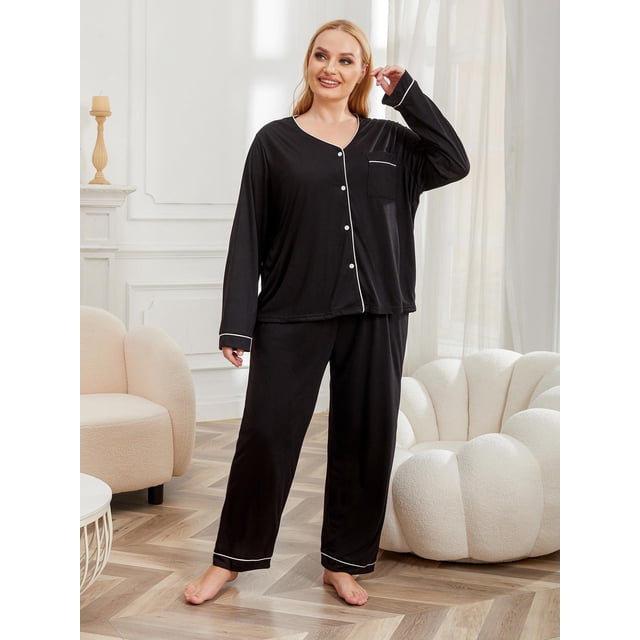 Women's Plus Size Pajama Set V-Neck Long Sleeve with Pockets Paired ...