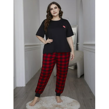 Women's Plus Size Pajama Set Short Sleeve V-Neck Tee and Plaid Pants ...