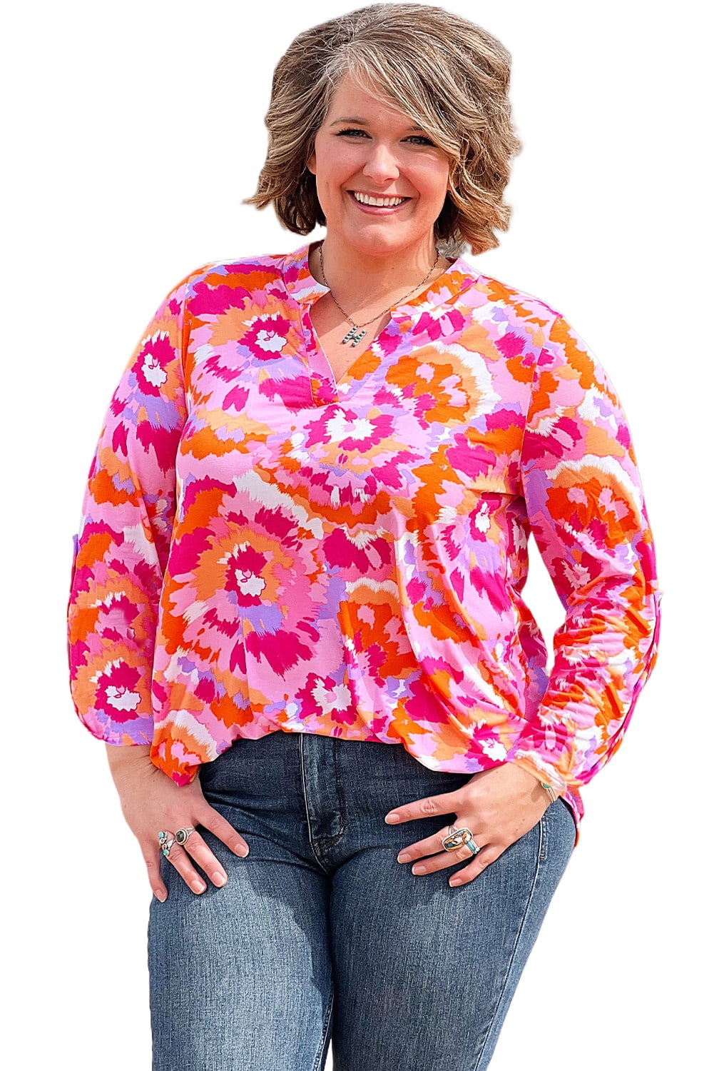 Women's Plus Size Pink Floral Print V-Neck Blouse | [ZhiHiMeRi] | (US ...