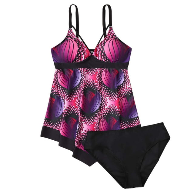 Womens Plus Size Printed Two Piece Tankini Swimsuit Flattering Skirted