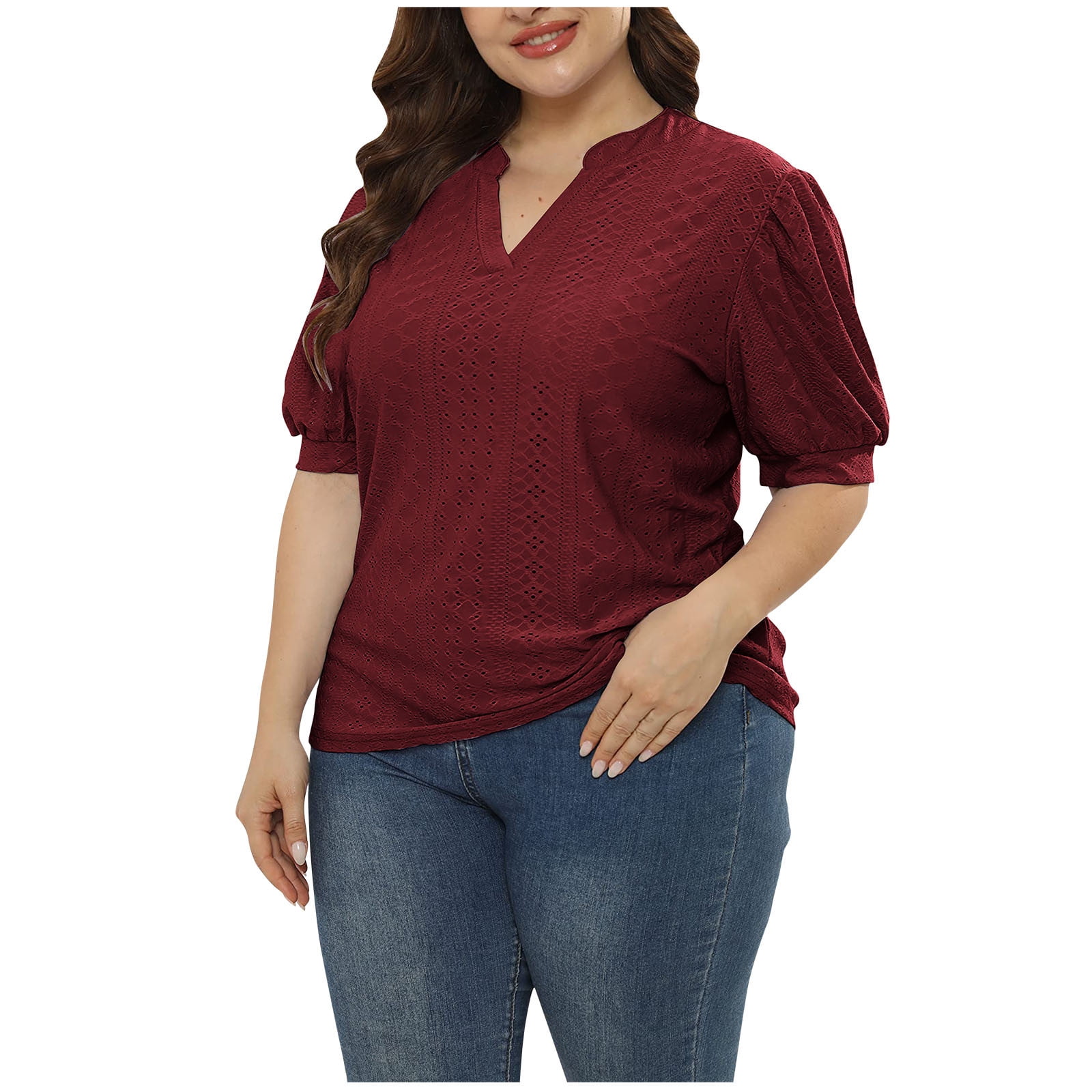 Women's Plus Size Puff Sleeve Tops Dressy Casual Notched V Neck T ...
