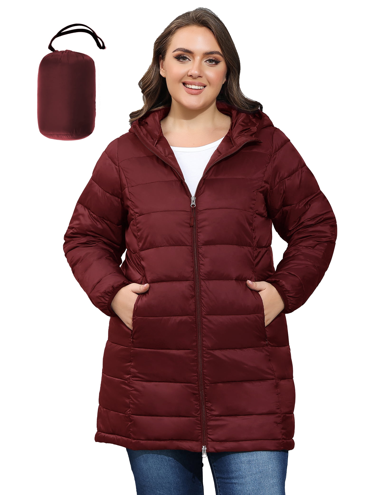 Women's Plus Size Puffer Jacket, Packable Puffer Winter Coat with Hood (Wine, S) - Walmart.com