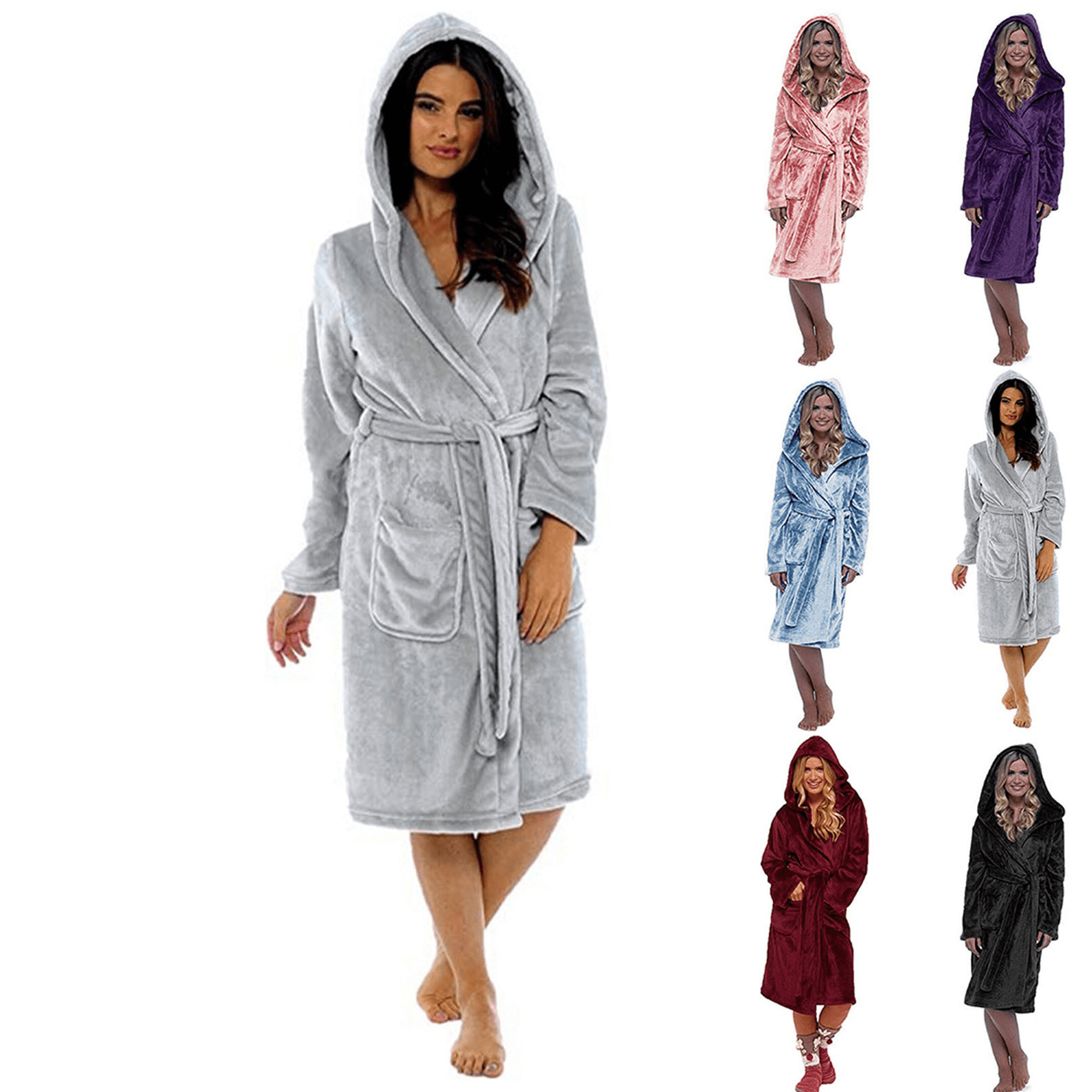 Women's Plus Size Robes Plush Fleece Hooded Long Bathrobe Thick Fluffy ...
