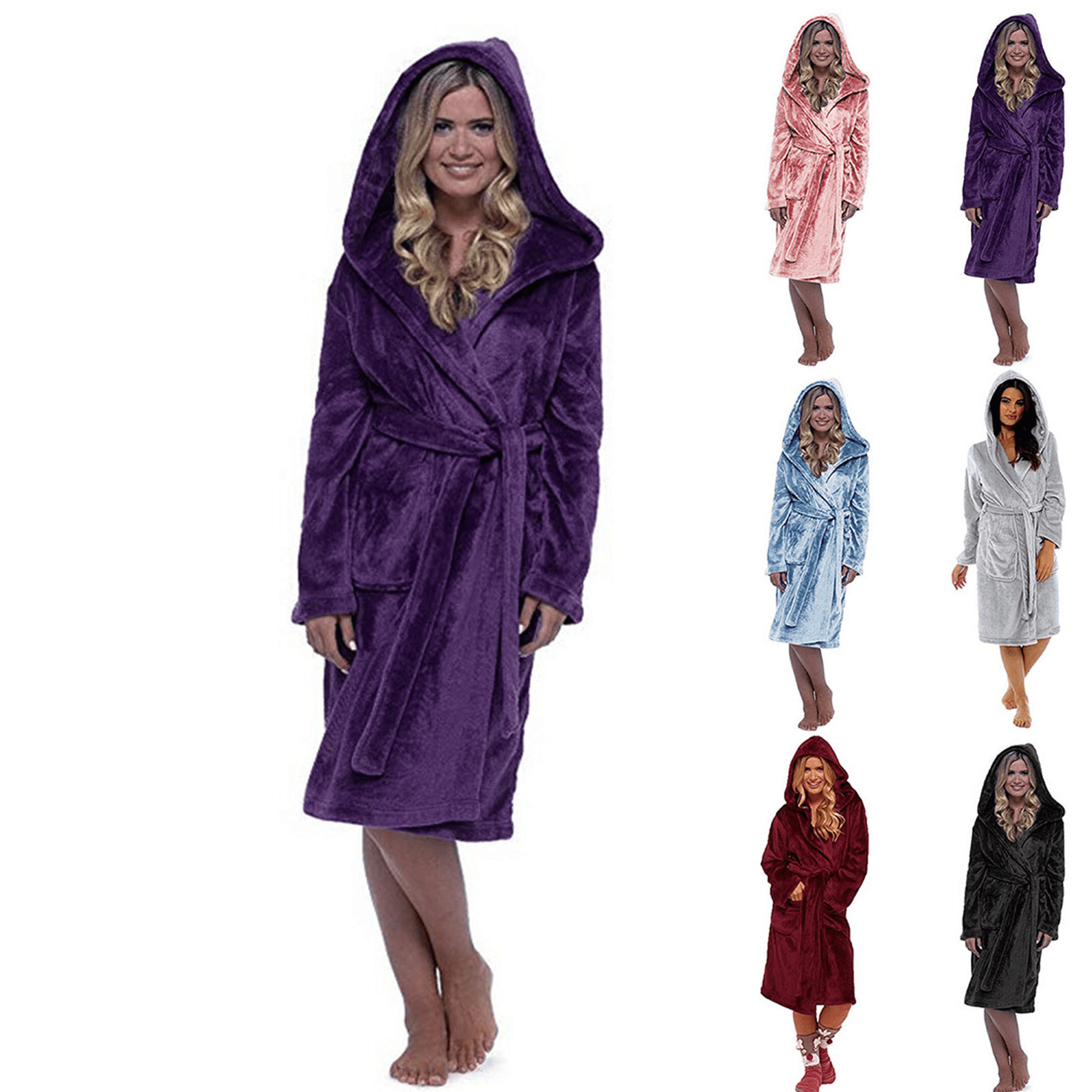 Women's Plus Size Robes Plush Fleece Hooded Long Bathrobe Thick Fluffy ...