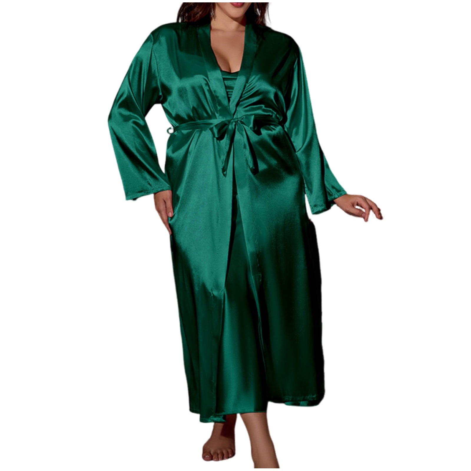 Women's Plus Size Satin Robes Set with Nightgown Silk Kimono Pajamas 2 ...