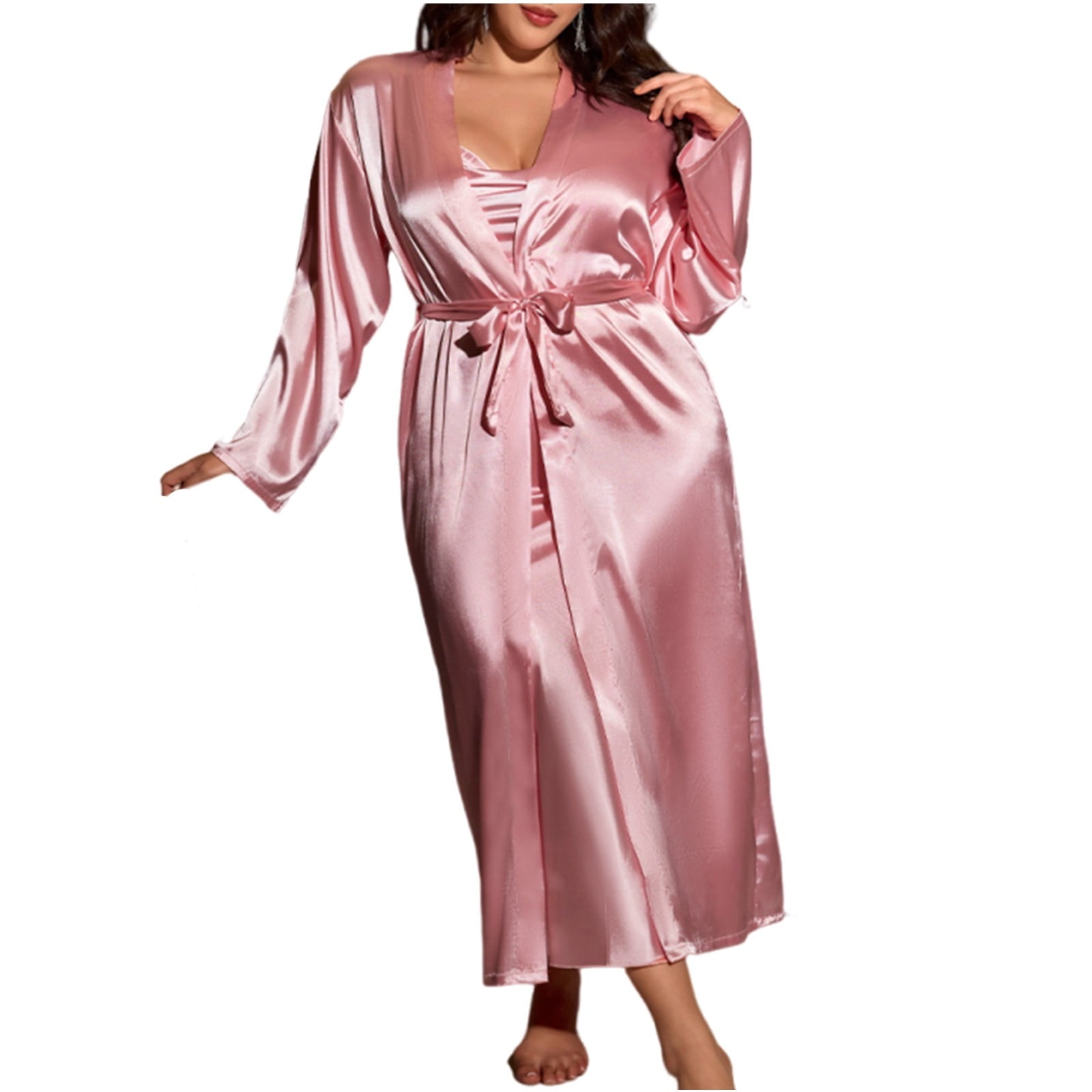 Women's Plus Size Satin Robes Set with Nightgown Silk Kimono Pajamas 2 ...
