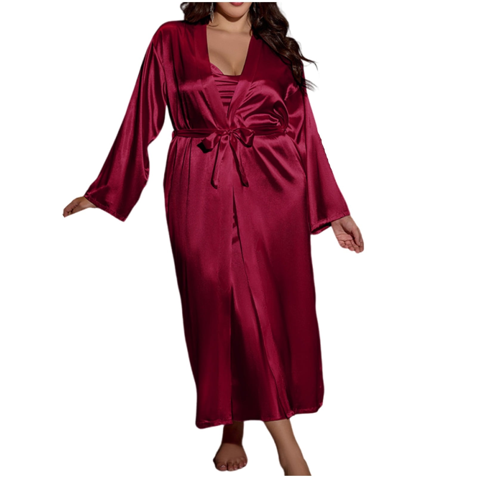 Women's Plus Size Satin Robes Set with Nightgown Silk Kimono Pajamas 2 ...