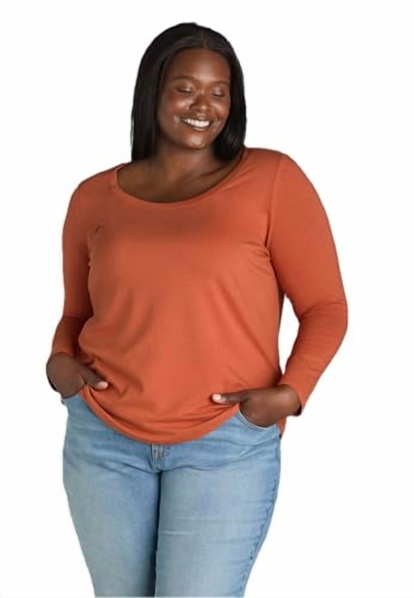 Women's Plus Size Scoop Neck Tee with Long Sleeves, Red Curry, 1X ...