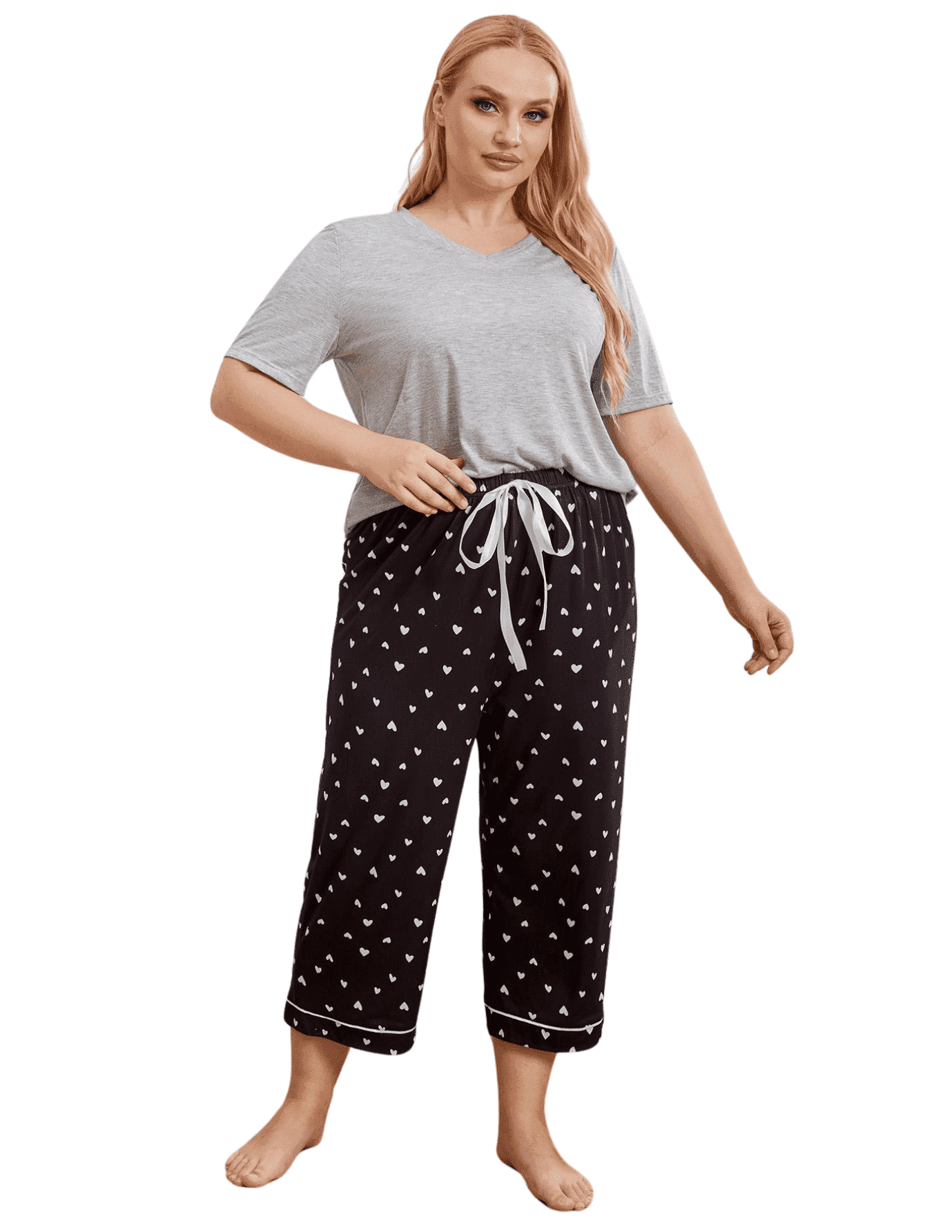 ebukurty Plus Size Pajama Set for Women 2 Piece Grey Short Sleeves Tee ...