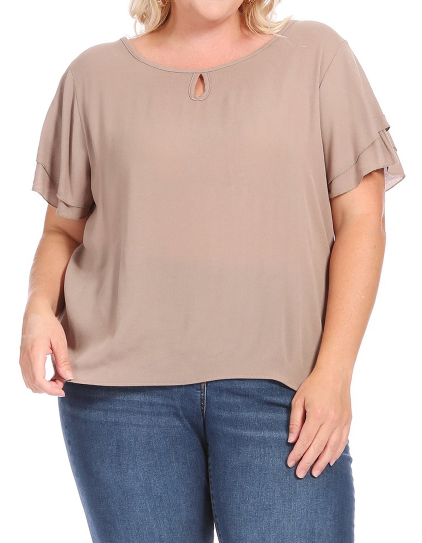 Women's Plus Size Flowy Flutter Sleeve Blouse with Keyhole Neckline ...