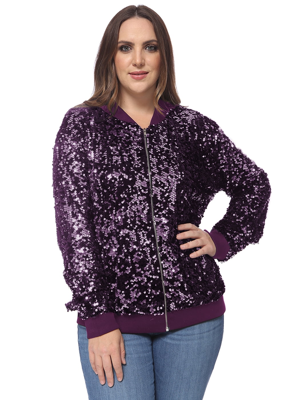 Women's Plus Size Sparkly Sequin Long Sleeve Zip Up Bomber Jacket Coat ...