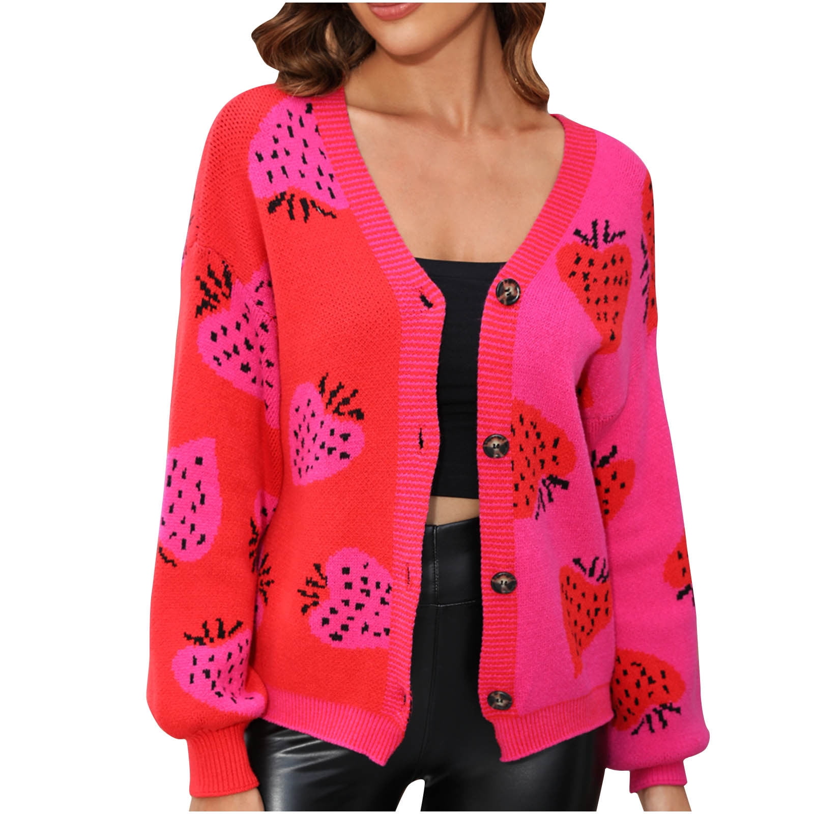 Women's Plus Size Strawberry Print Long Sleeve Open Front Knit Cardigan ...