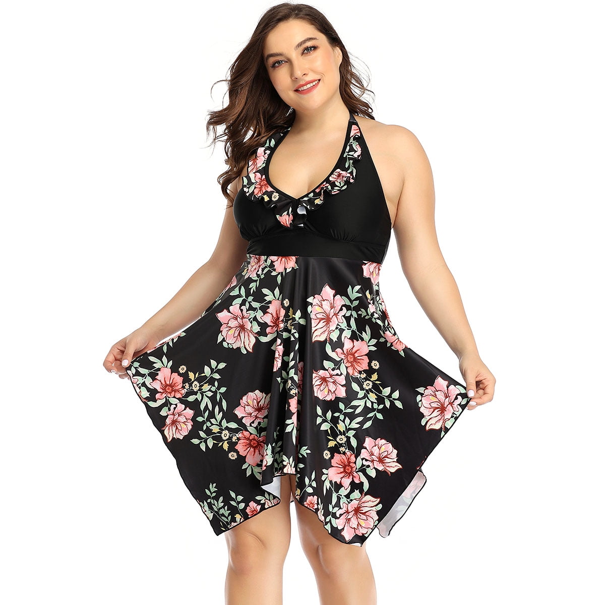 Women's Plus Size Swindress Floral Halter 2 Pieces Tankini Swimwear ...