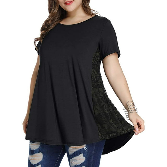 Women’s Plus Size Swing Tunic Top Short Sleeve Lace Flare T-Shirt for ...